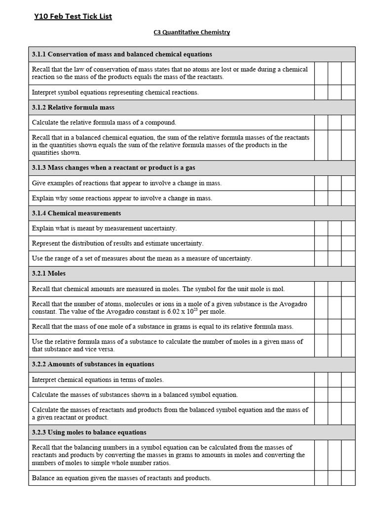 Y10 Feb Chemistry Assessment Tick List 2024 | PDF | Mole (Unit ...