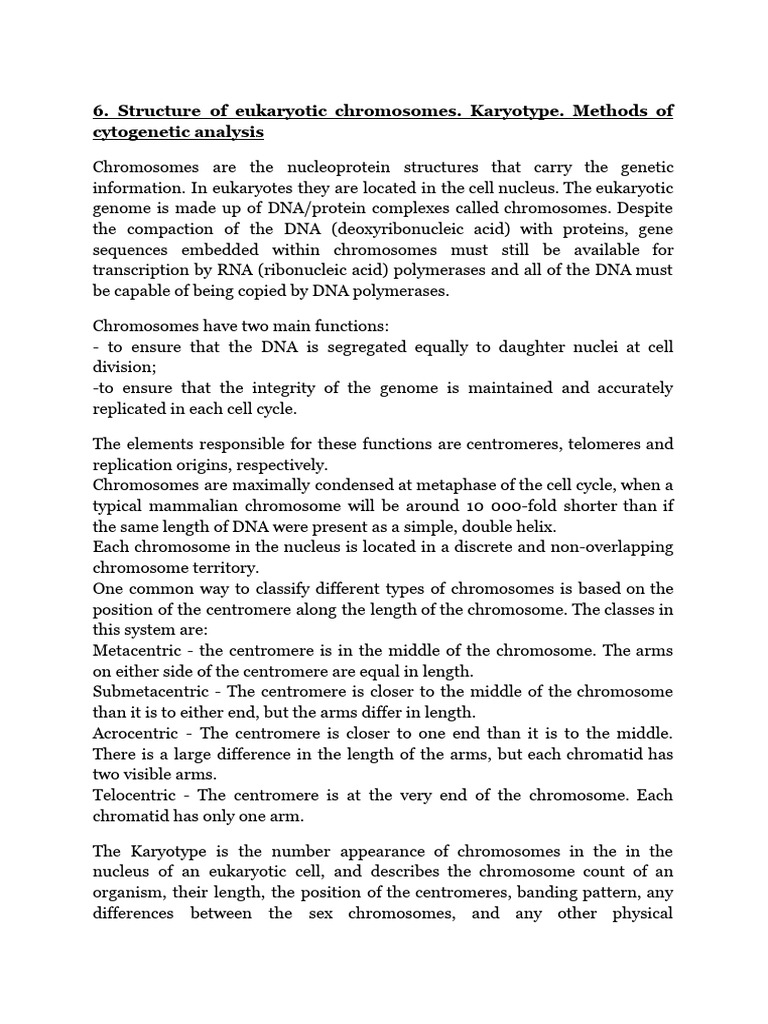 6. Structure of Eukaryotic Chromosomes. Karyotype. Methods of ...