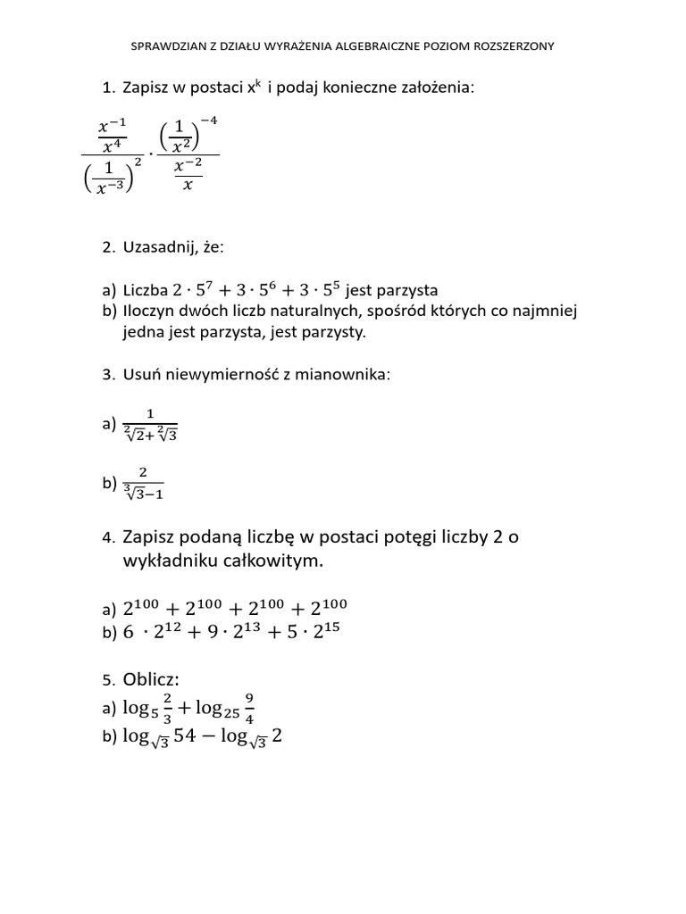 Sprawdzian Wyrażenia Algebraiczne Pazdro PR | PDF
