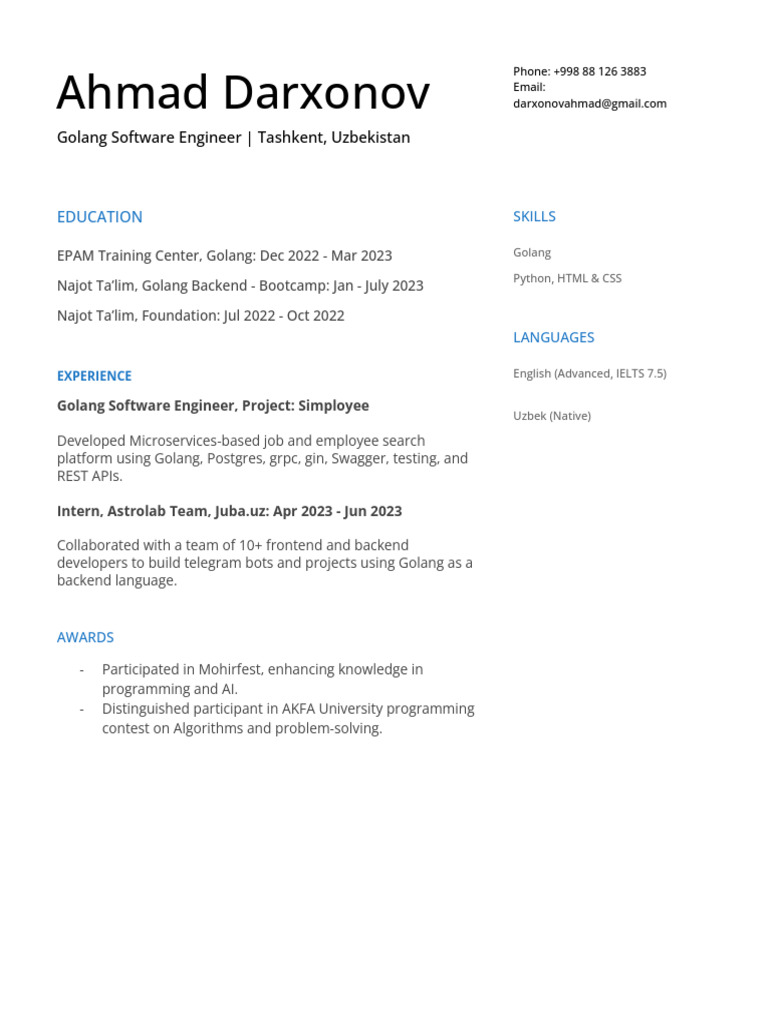 Golang Engineer Resume - Ahmad Darxonov | PDF