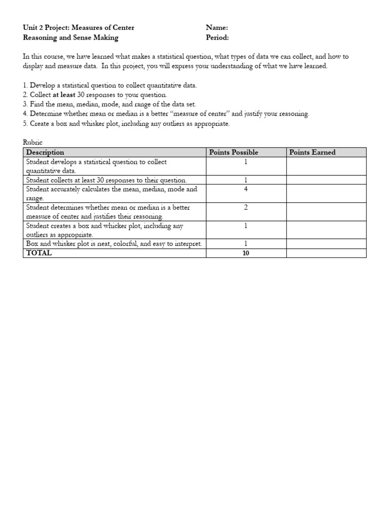 Measures of Center Project and Rubric | PDF
