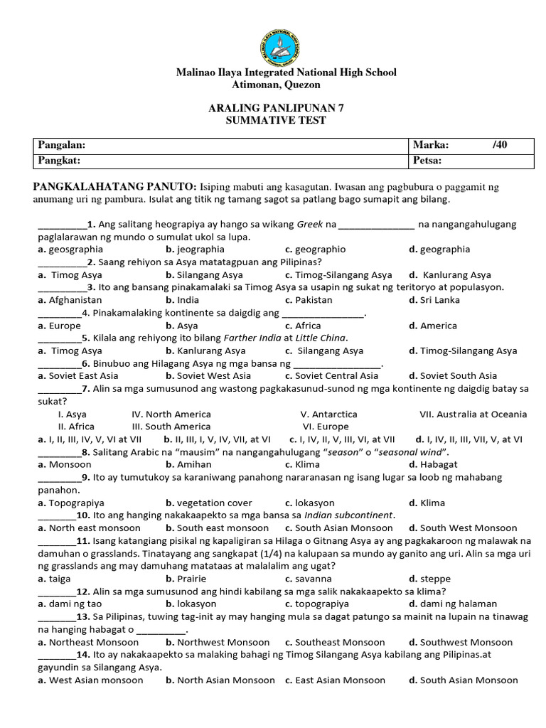Mtformarejo Araling Panlipunan Grade 7 Summative Test Q1 | PDF