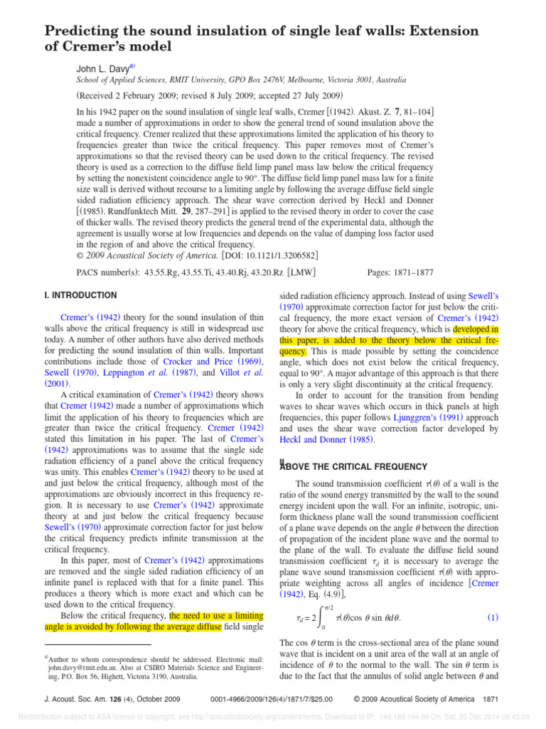 (2009-JASA) - Davy - Single Leaf Extension of Cremer Model | PDF ...
