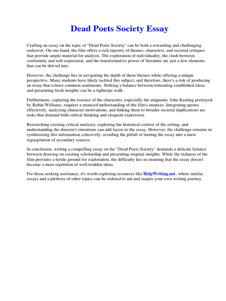 Dead Poets Society Essay | PDF | Utopia (Book) | Utopia