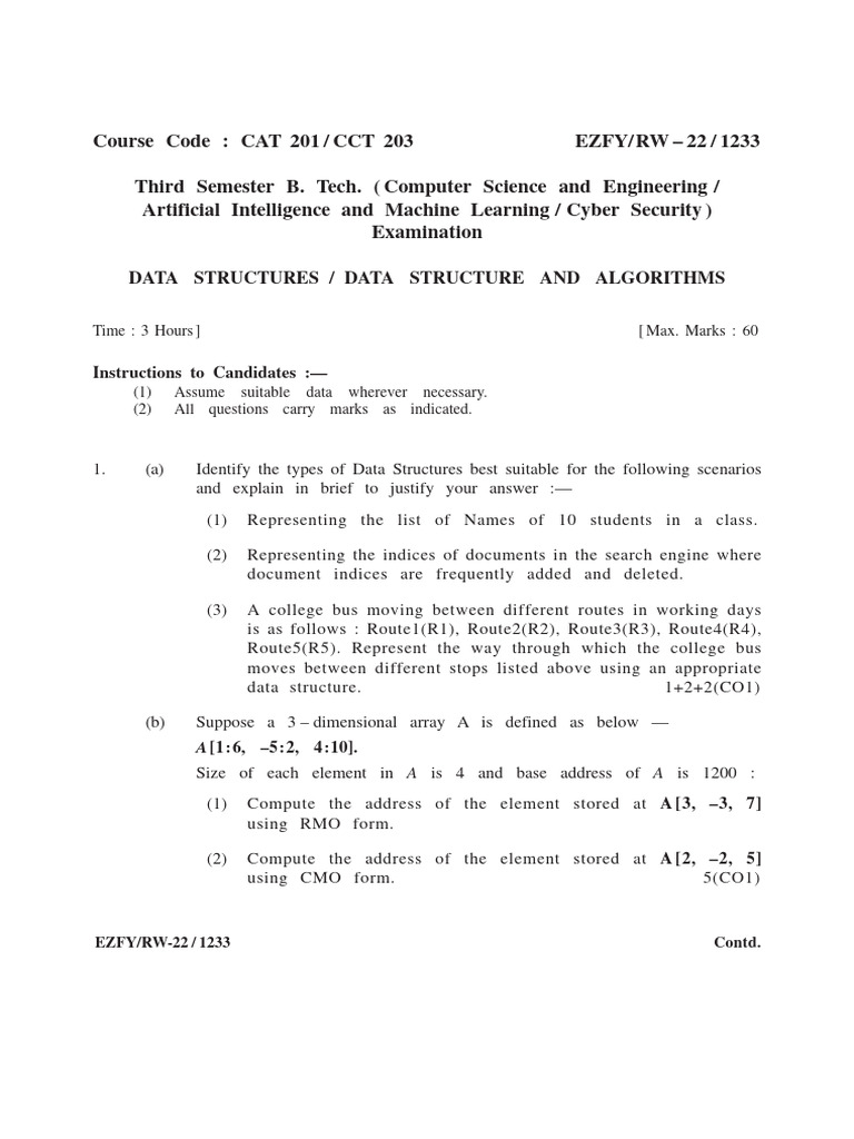 B.Tech Data Structures Exam Paper | PDF | Algorithms And Data Structures | Theoretical Computer ...