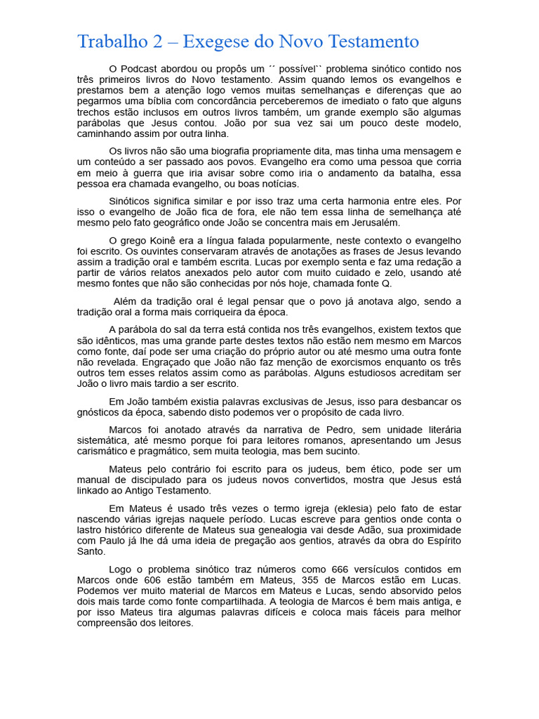 Trabalho II Exegese Do NT Docx | PDF | Evangelho de Lucas | Evangelho de Marcos