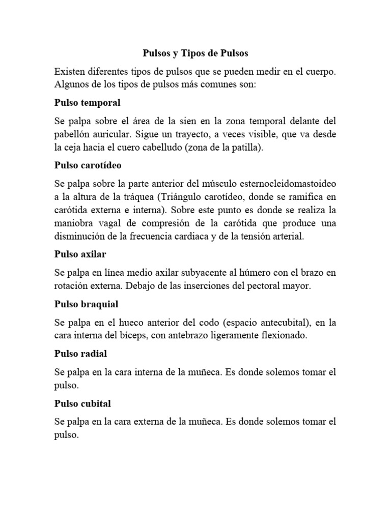 Tipos y Frecuencia del Pulso Cardiaco | PDF | Ritmo cardiaco | Corazón