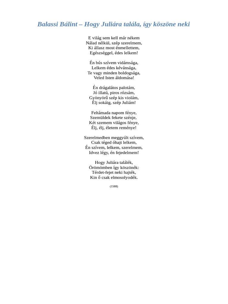 Balassi Bálint - Hogy Juliára Talála, Így Köszöne Neki | PDF