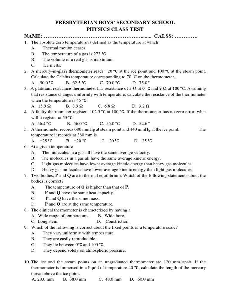 FORM 1 CLASS TEST 2023 2nd Sem | PDF | Temperature | Thermometer
