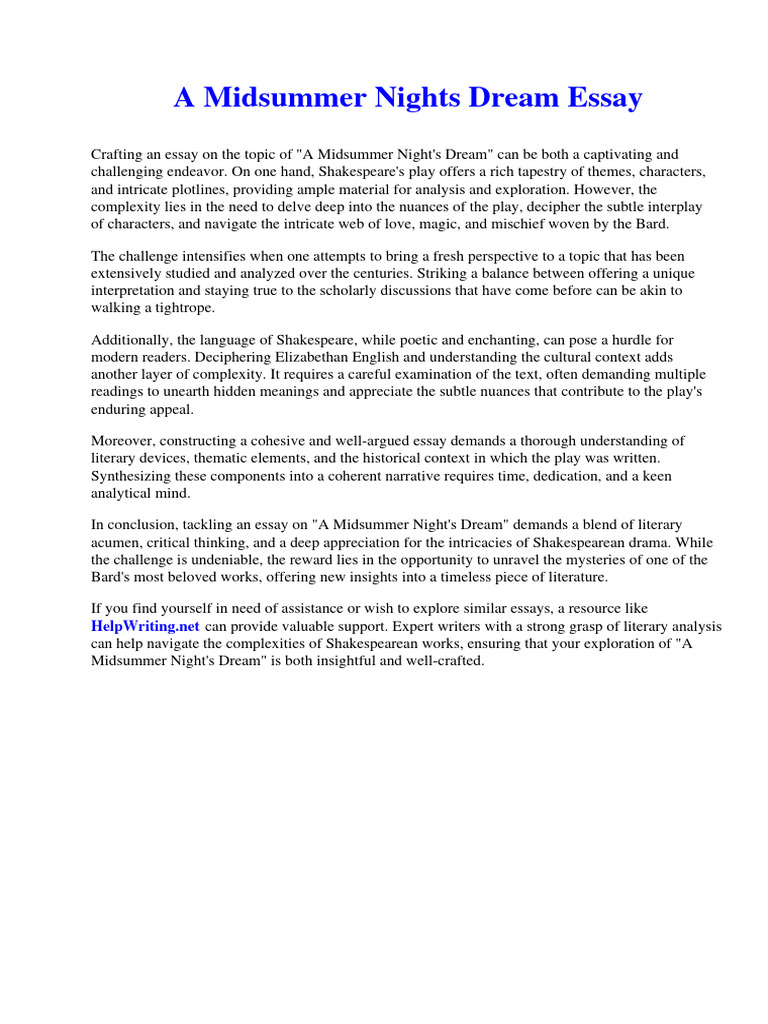 A Midsummer Nights Dream Essay | PDF | Bridge | First Amendment To The ...
