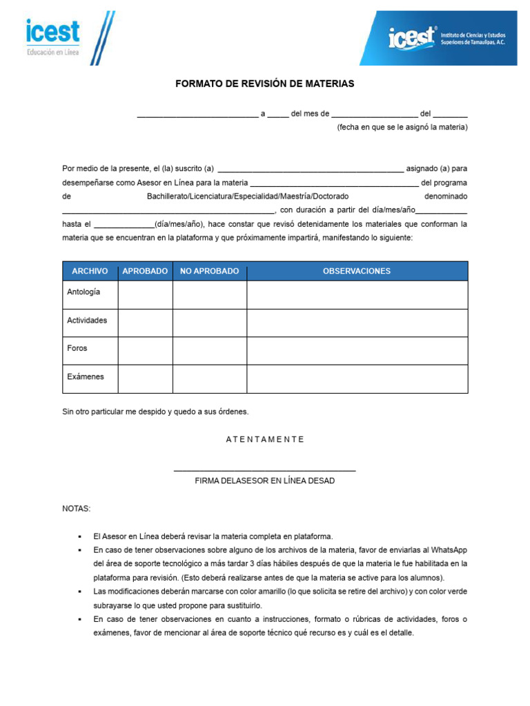 Formato de Revisión de Materias Icest | PDF
