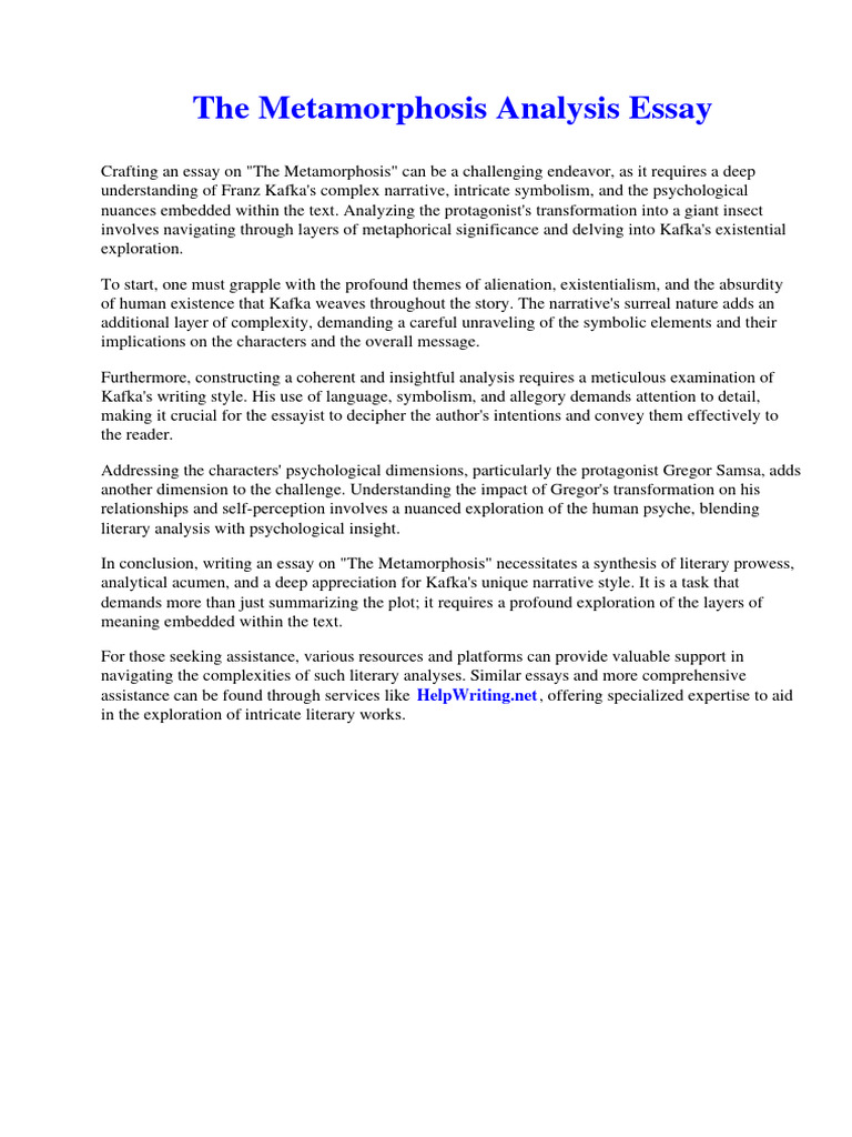 The Metamorphosis Analysis Essay | PDF | The Metamorphosis | Franz Kafka