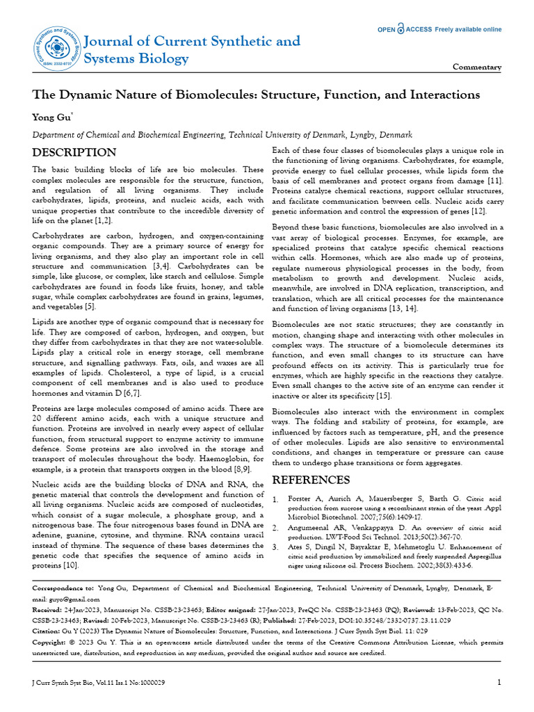 The Dynamic Nature of Biomolecules Structure Function and Interactions ...