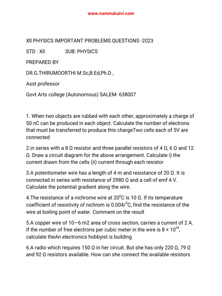 Namma Kalvi 12th Physics Important Problems EM 221580 | PDF