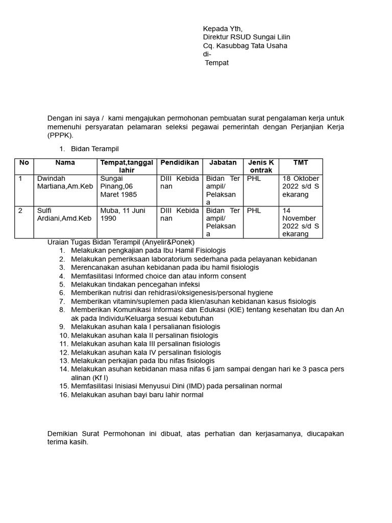 Surat Permohonan Pengalaman Kerja Vk&ponek | PDF