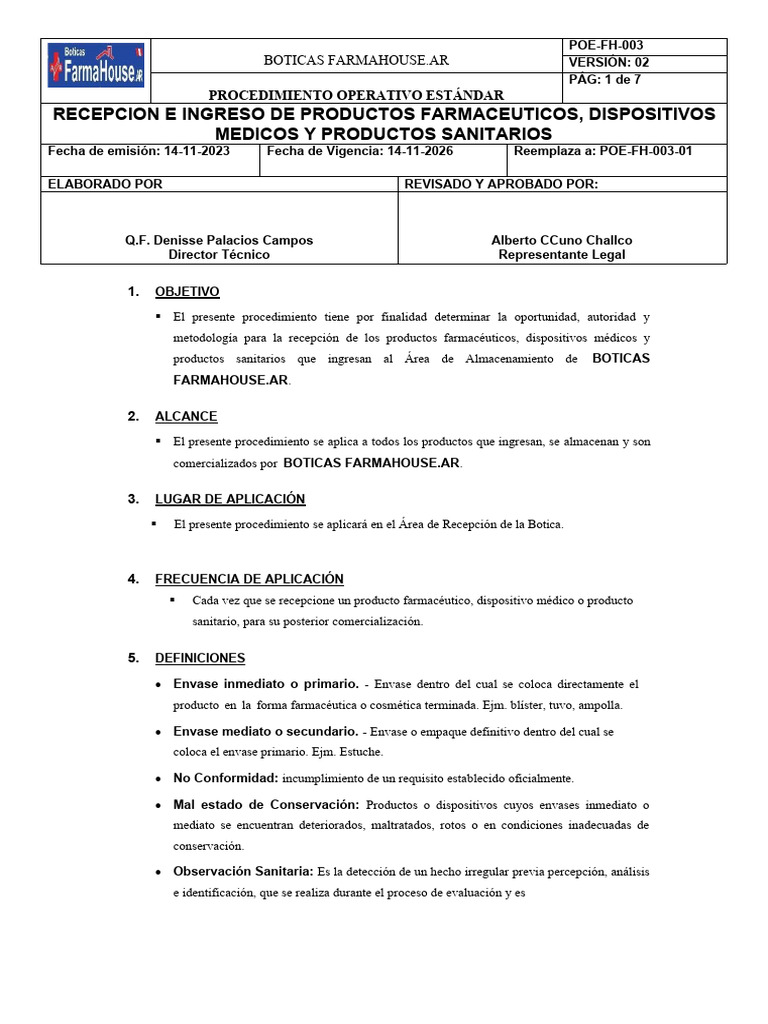 POE-FH-003-02 RECEPCION E INGRESO DE PRODUCTOS FARMACEUTICOS, DISPOSITIVOS MEDICOS Y PRODUCTOS ...