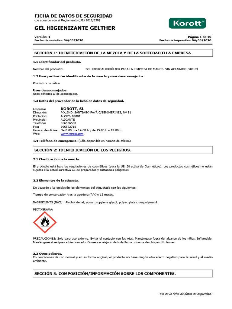 Gel Higienizante: Ficha de Seguridad | PDF | Agua | Compuesto orgánico ...