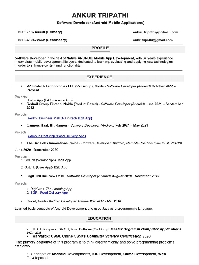 Resume Ankur Tripathi | PDF | Android (Operating System) | Application Software