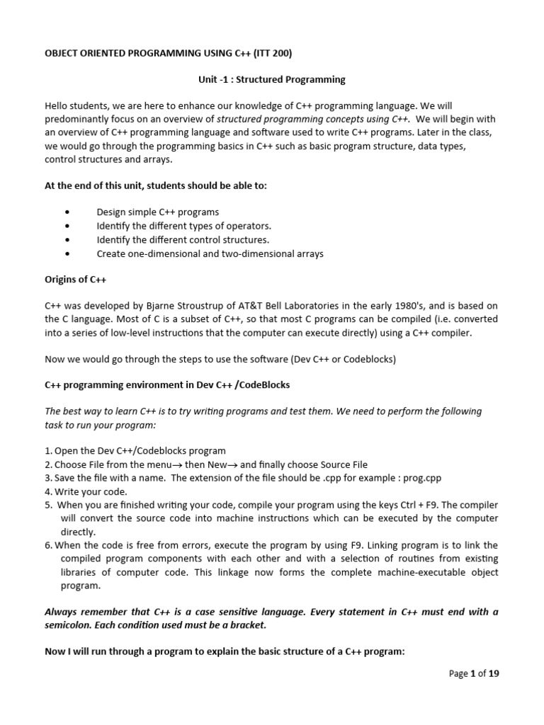 C Unit 1 Structured Programming Pdf Integer Computer Science C