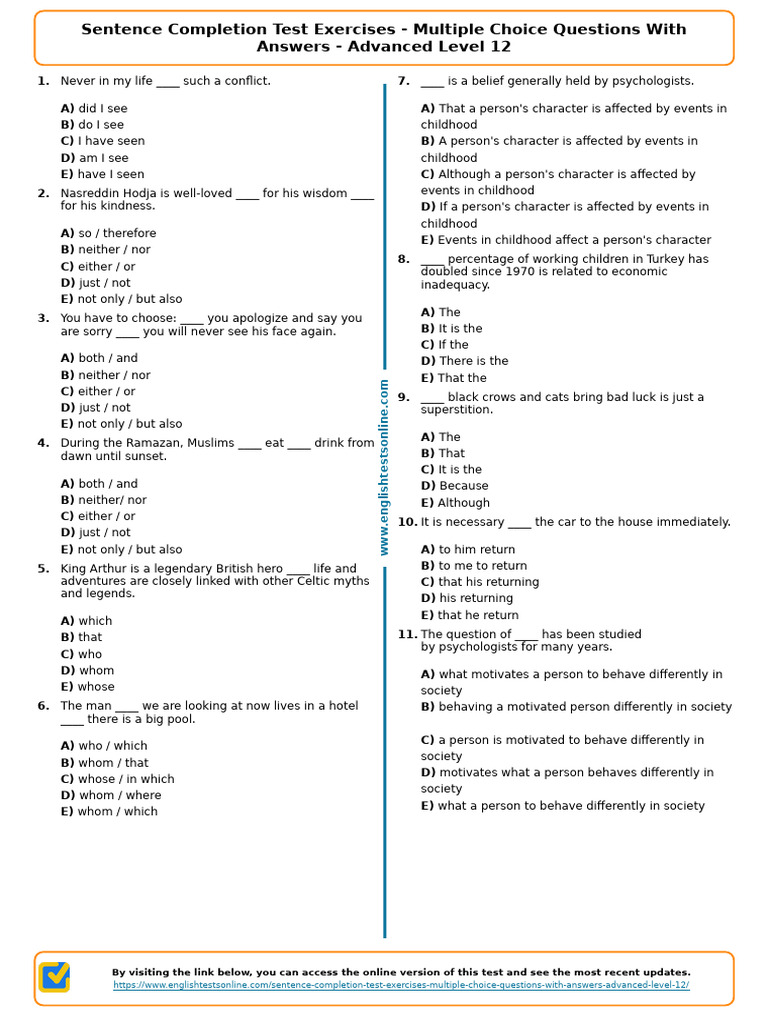 511 Sentence Completion Test Exercises Multiple Choice Questions With ...