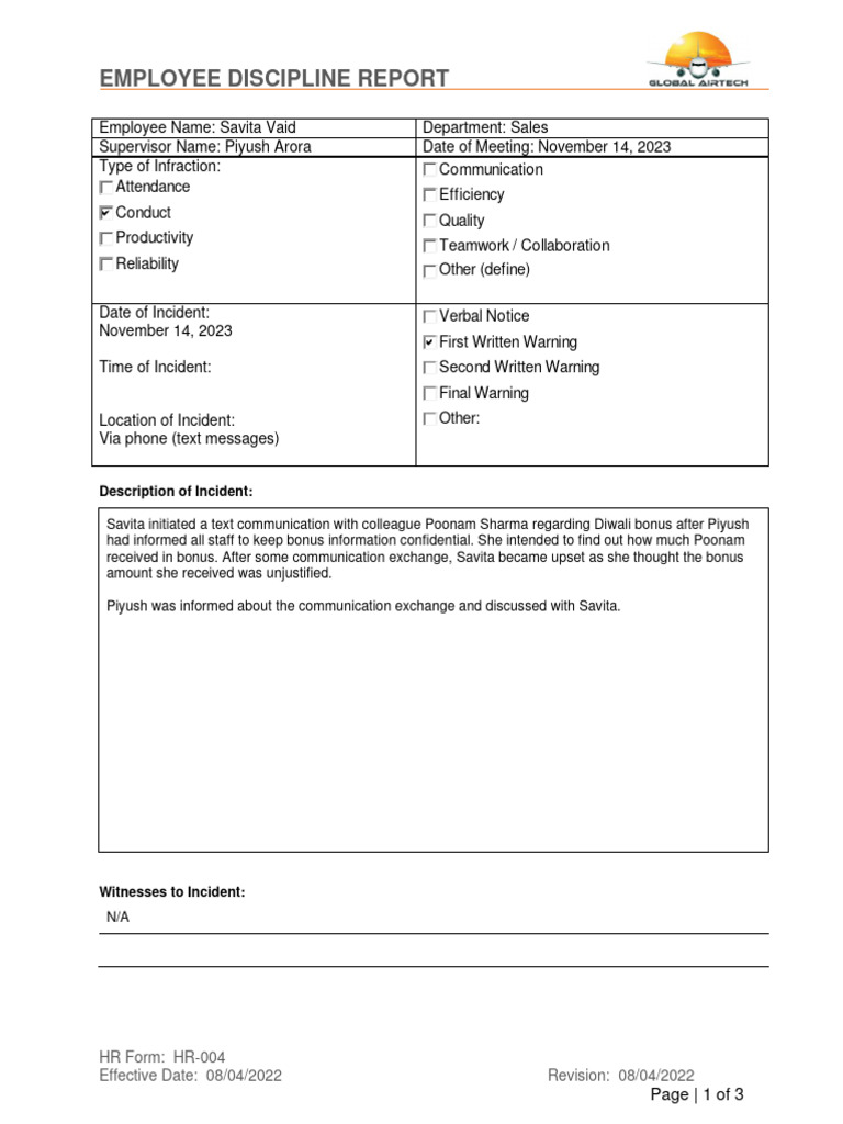 HR-004 Employee Discipline Report - Savita 2023 | PDF | Communication ...