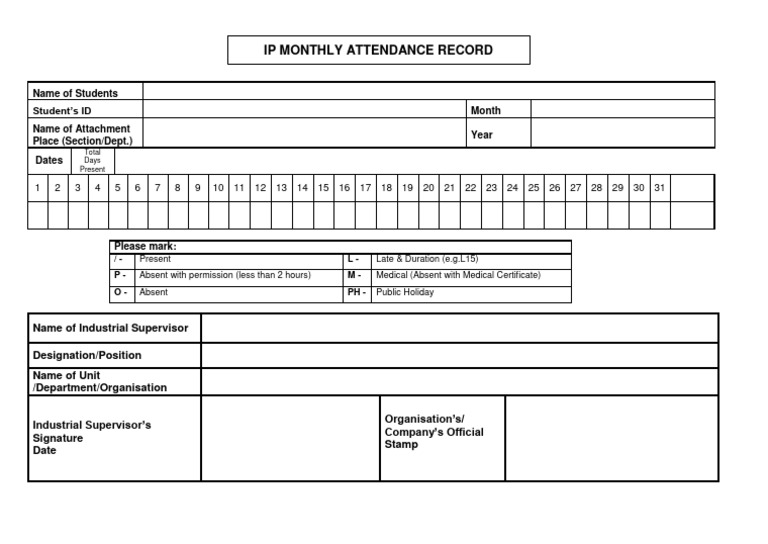 Internship Monthly Attendance | PDF