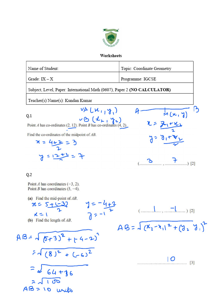IGCSE Coordinate Geometry Worksheets | PDF
