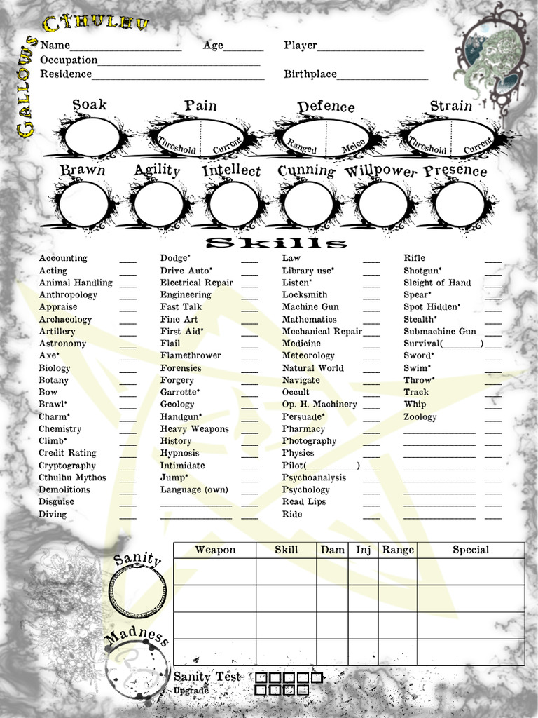 Gallows Cthulhu Investigator Sheet | Download Free PDF | Science | Tools