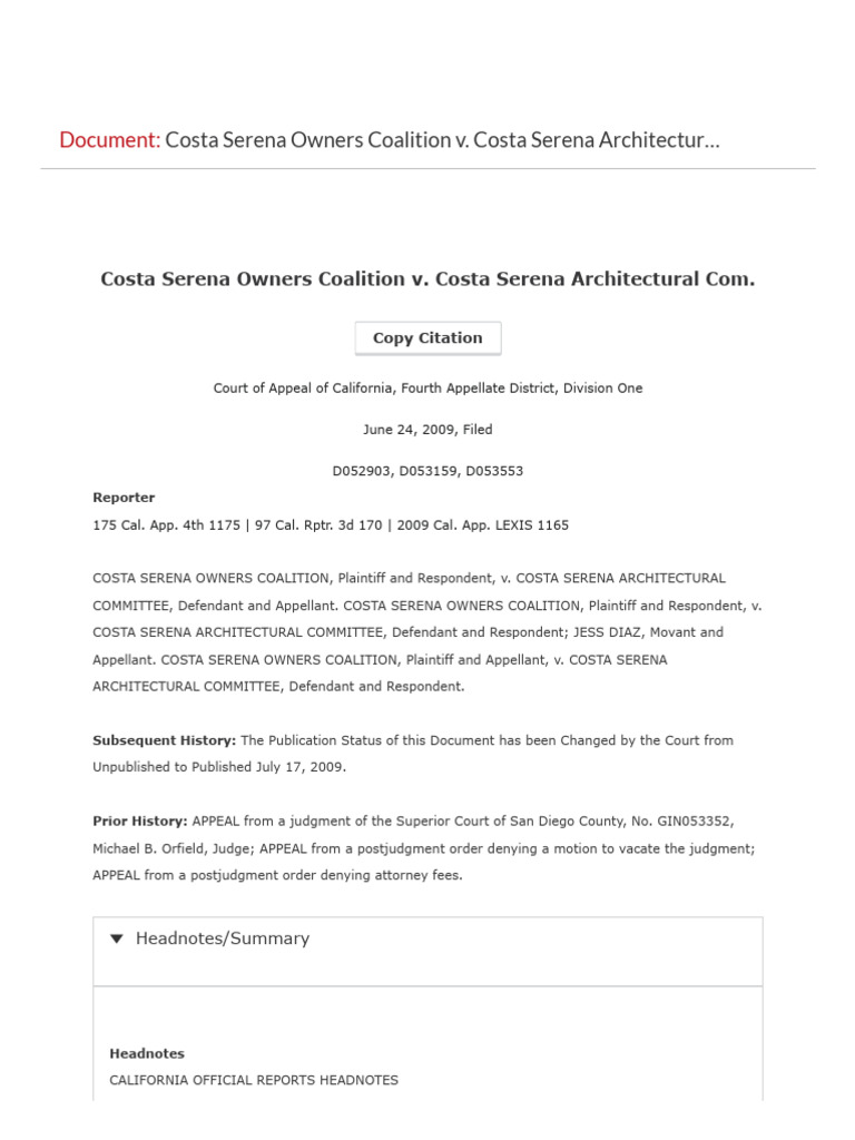 Costa Serena Owners Coalition v. Costa Serena Architectural Com. (2009) 175 Cal - App.4th 1175 ...