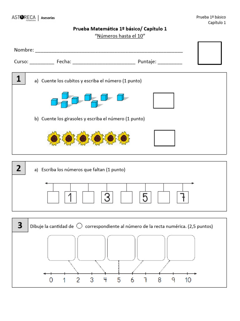Prueba Matemática 1º Básico: Números 1-10 | PDF