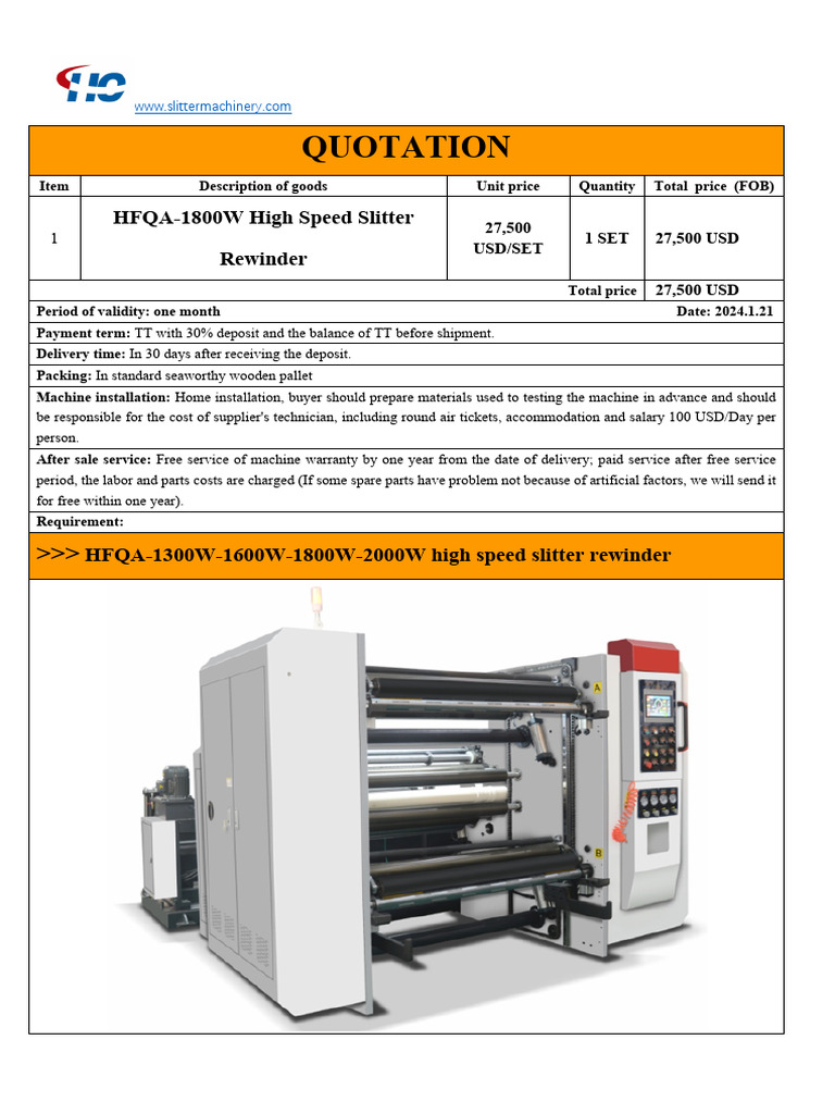 HFQA-1800W Slitter Rewinder Quotation | PDF | Machines | Equipment