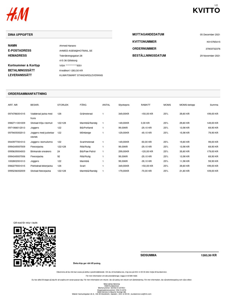 Kvitto: Dina Uppgifter Mottagandedatum Kvittonummer Ordernummer ...