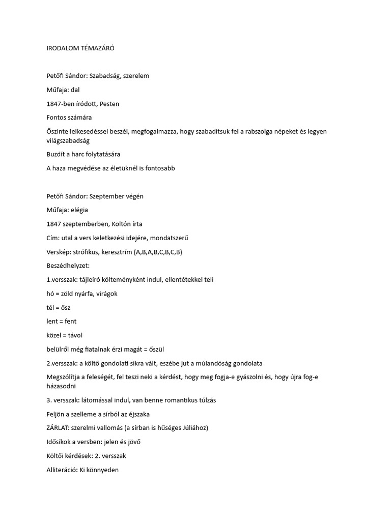 Irodalom Témazáró | PDF