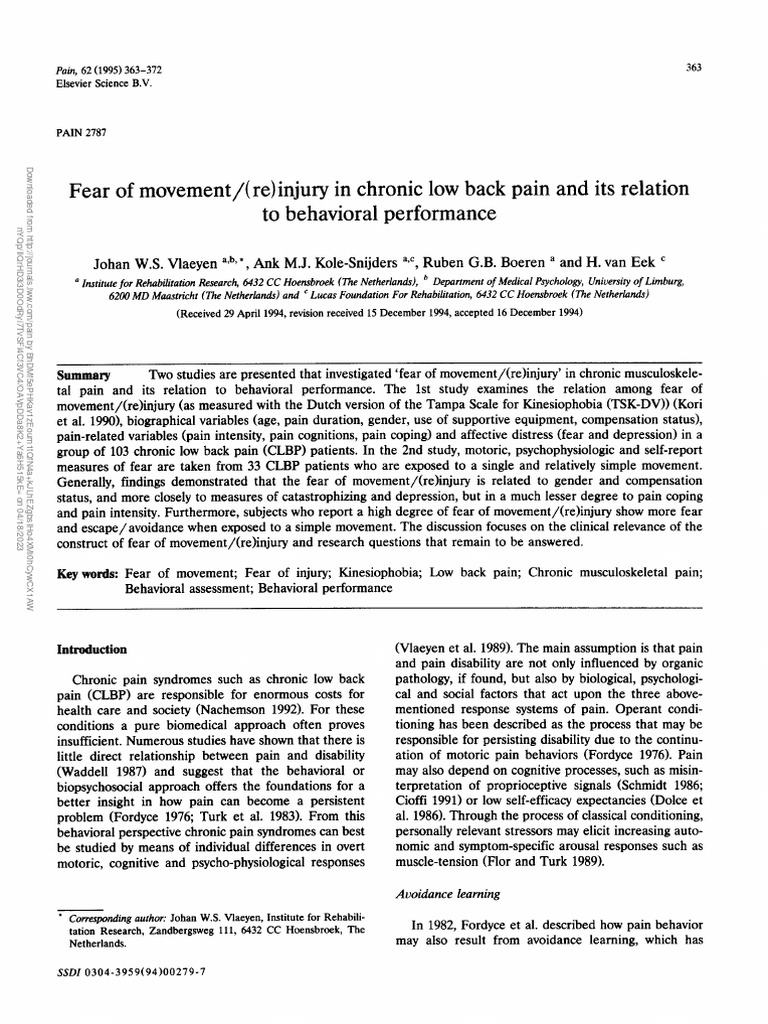 Fear of Movement Re Injury in Chronic Low Back.13 | PDF | Pain | Phobia