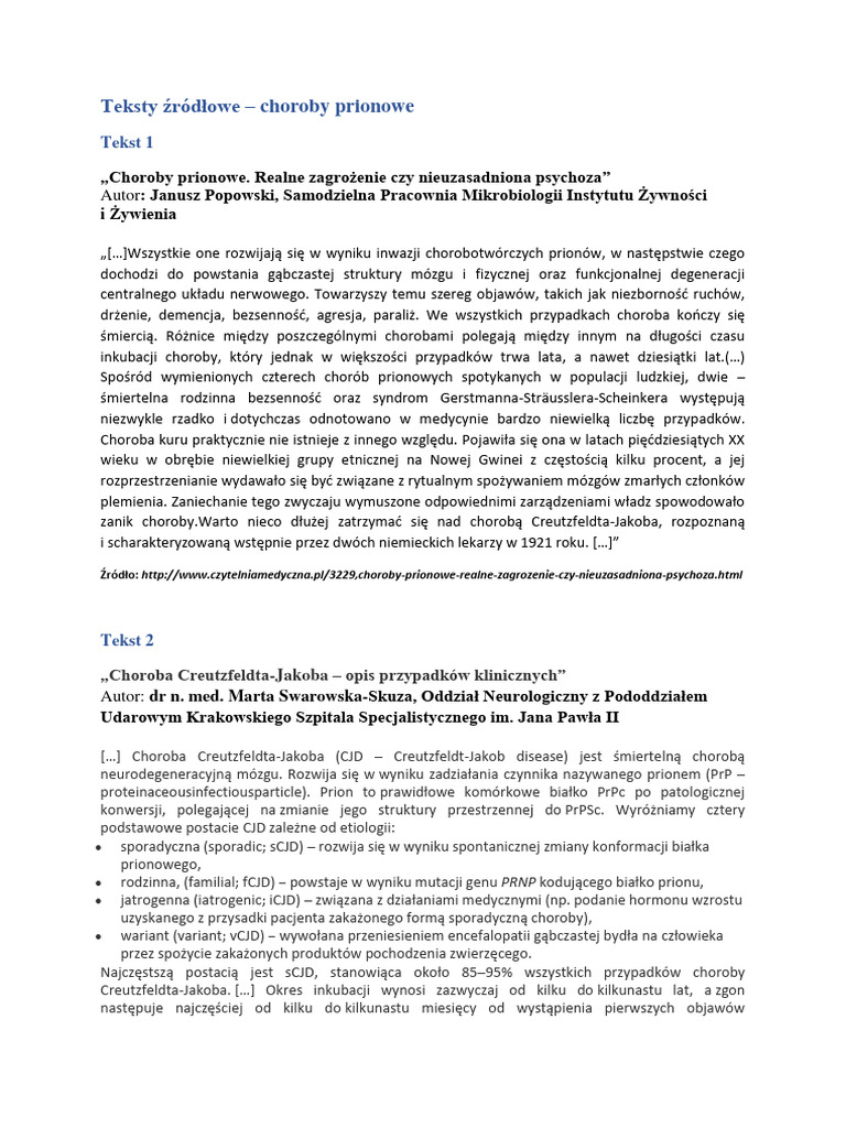 Choroby Prionowe Teksty Zrodlowe | PDF