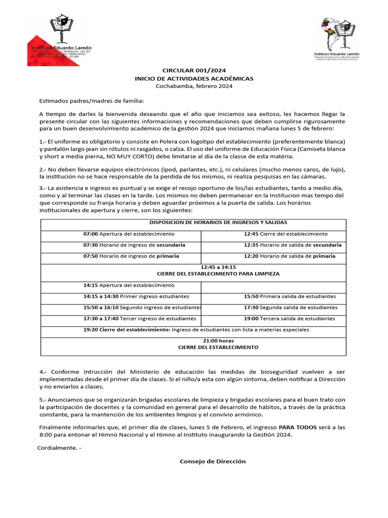 CIRCULAR 001 2024 Padres de Familia | PDF