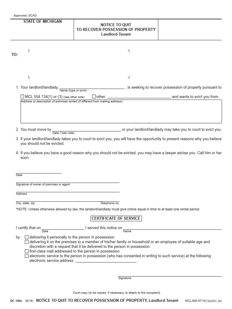 State of Michigan Notice To Quit To Recover Possession of Property ...