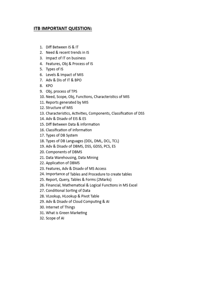 ITB - Important Questions | PDF