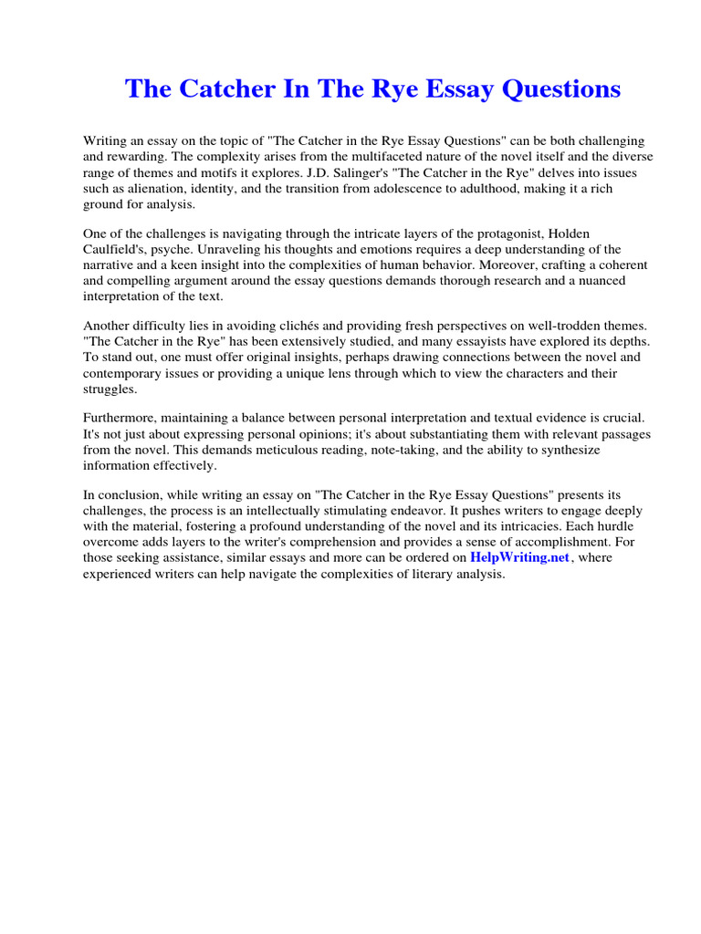 The Catcher in The Rye Essay Questions | PDF | Dishwasher | Wireless ...