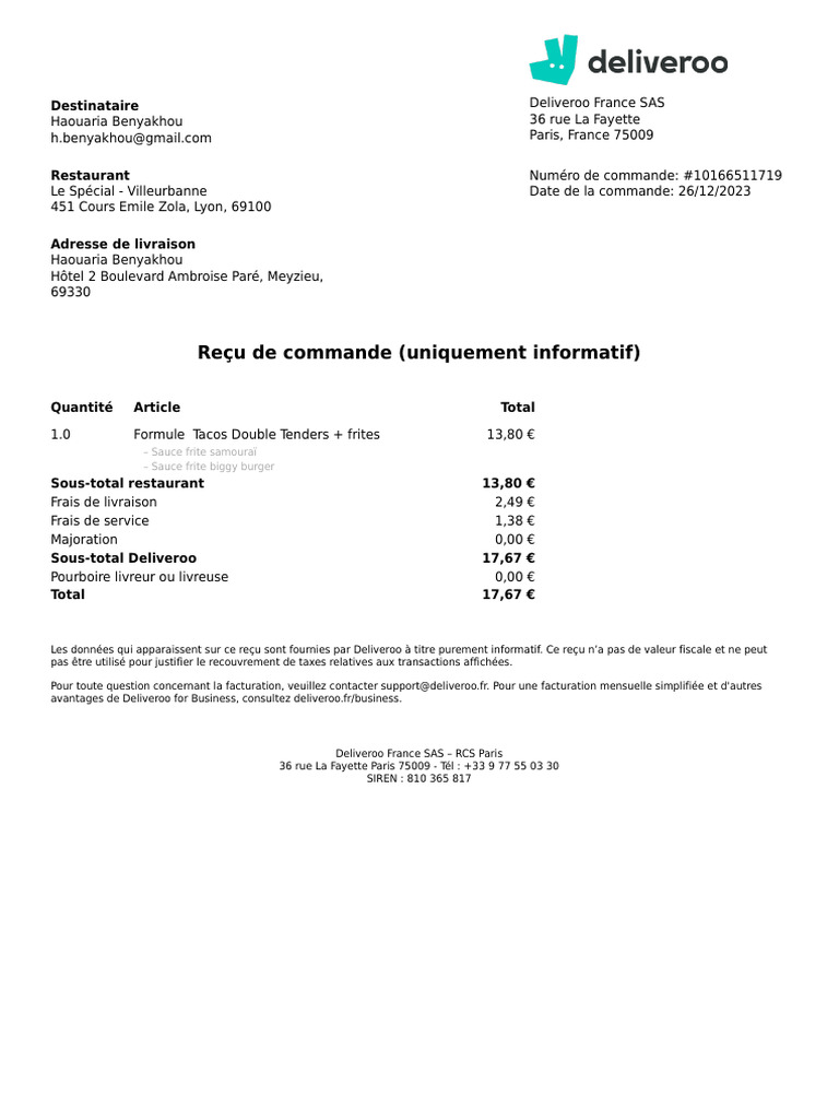 Deliveroo Order Receipt 10166511719 2 | PDF | Services (Économie ...