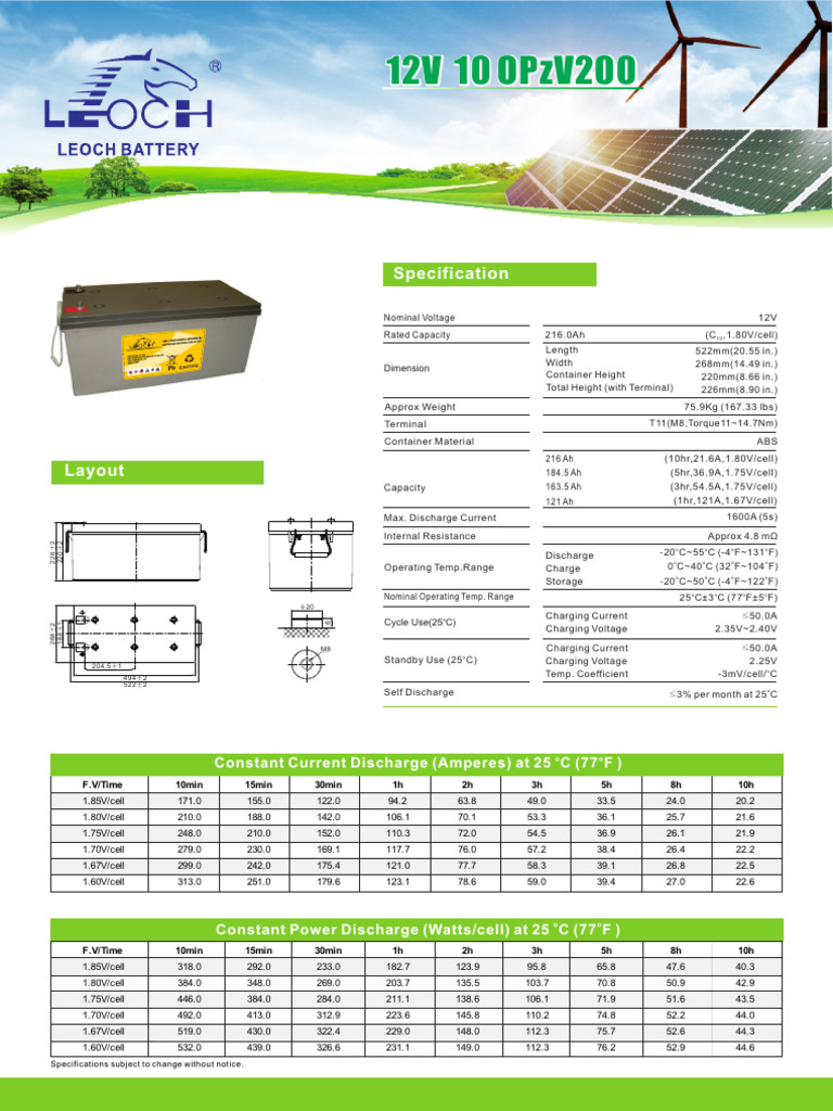 12V10OPzV200 Leoch Battery | PDF | Electricity | Electrical Components