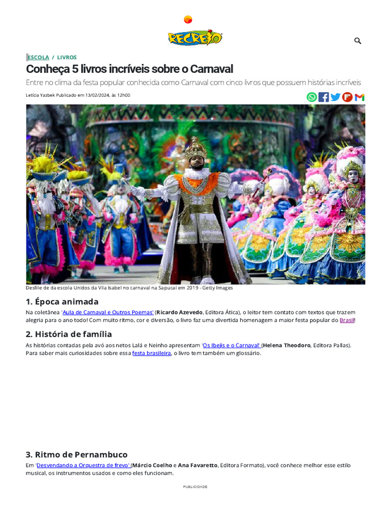 Conheça 5 livros incríveis sobre o Carnaval | PDF | Carnaval