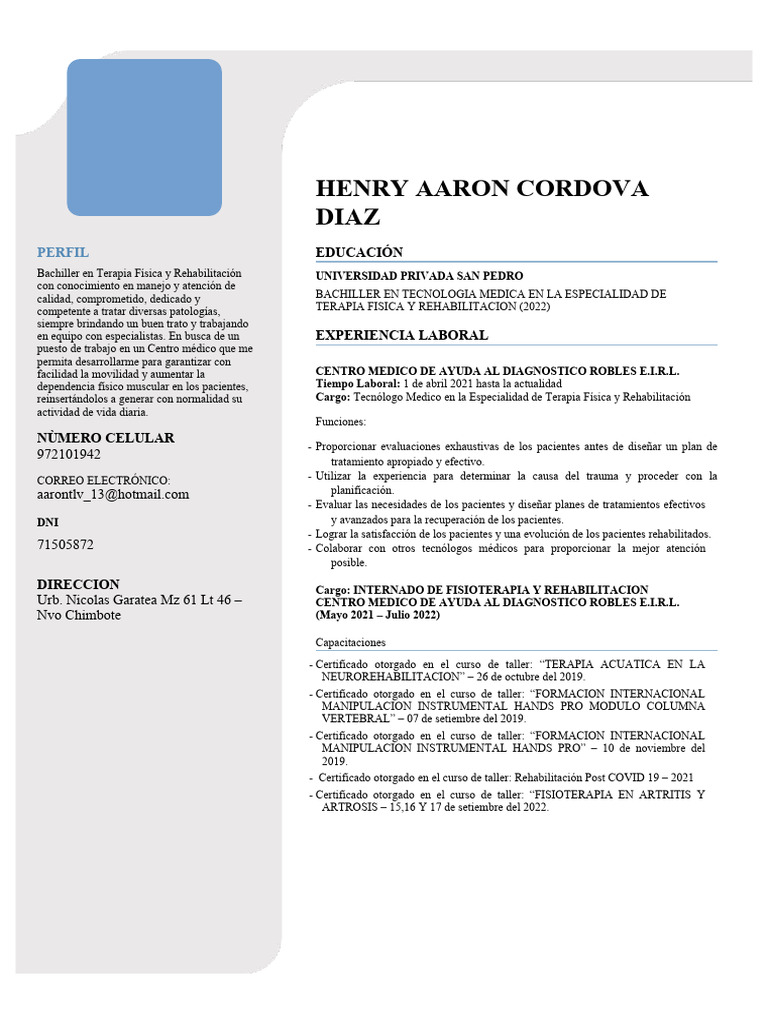 CV Henry Aaron Cordova Diaz 2022-2 | PDF | Terapia física | Enfermedades y trastornos