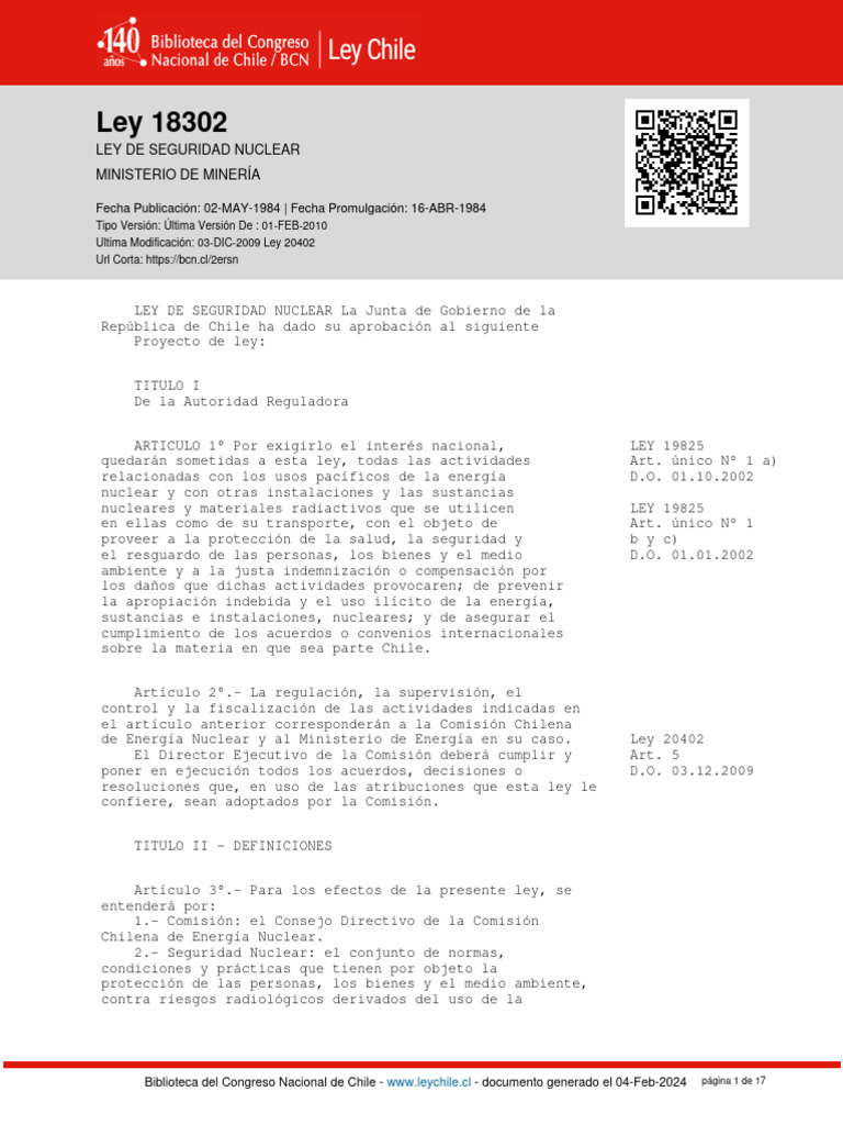 Ley 18302 - 02 May 1984 | PDF | La energía nuclear | Combustible nuclear