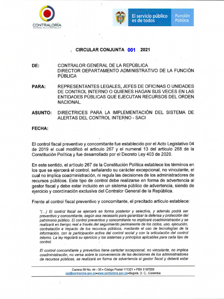 Circular Conjunta. Directrices para La Implementación Del Sistema de Alertas de Control Interno ...
