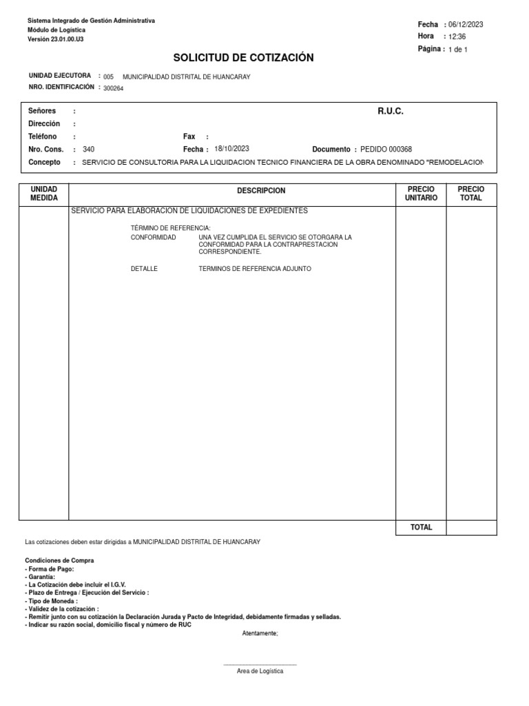 Coti Servicio de Consultria para La Liquidacion Del Proeycto Remodelacion de Espacios de ...
