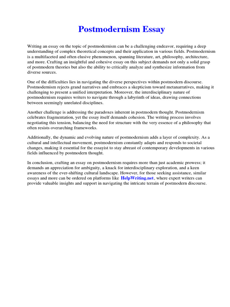 Postmodernism Essay | PDF | Postmodernism | Essays