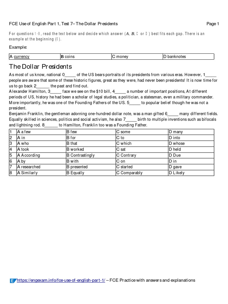FCE Use of English Part 1, Test 7 - Dollar Presidents | PDF | United ... FCE Use of English Part 1, Test 7 - Dollar Presidents | PDF | United ...