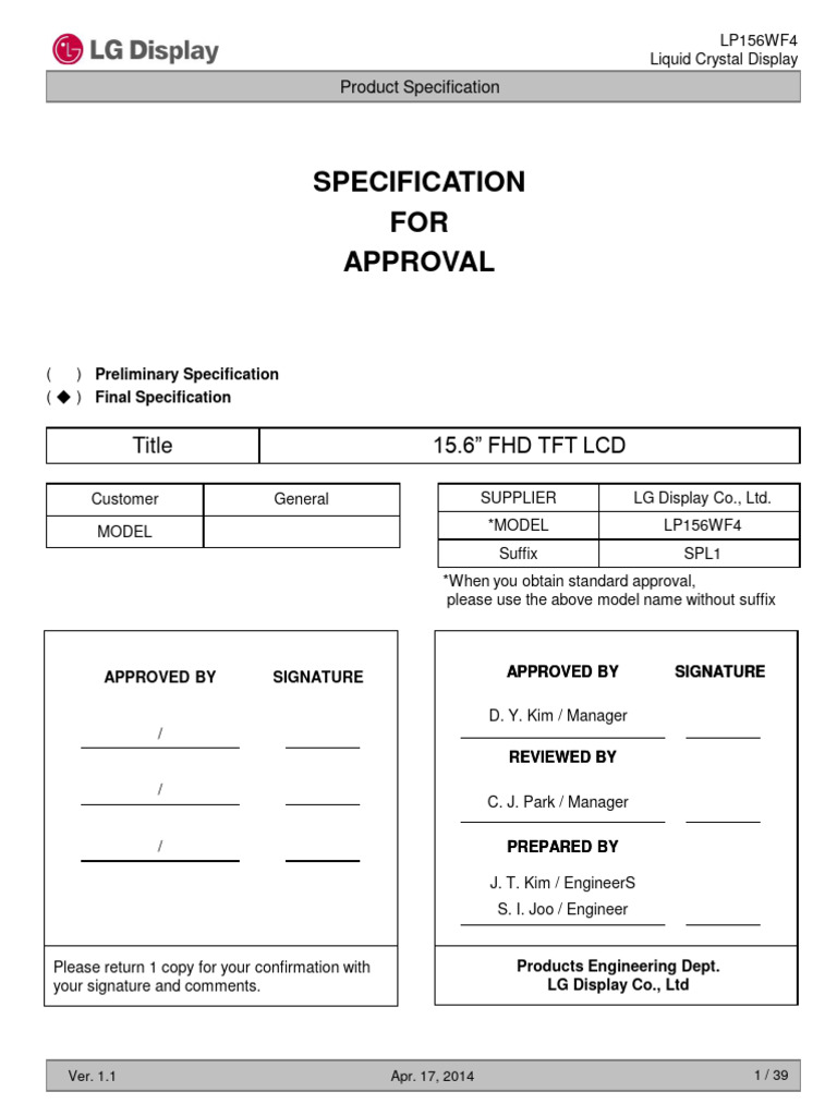 Datasheet LP156WF4 | PDF | Backlight | Film And Video Technology