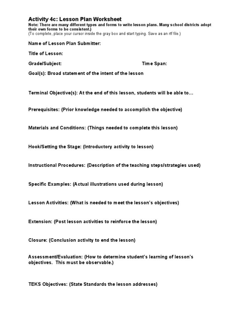 Activity 4c: Lesson Plan Worksheet | PDF